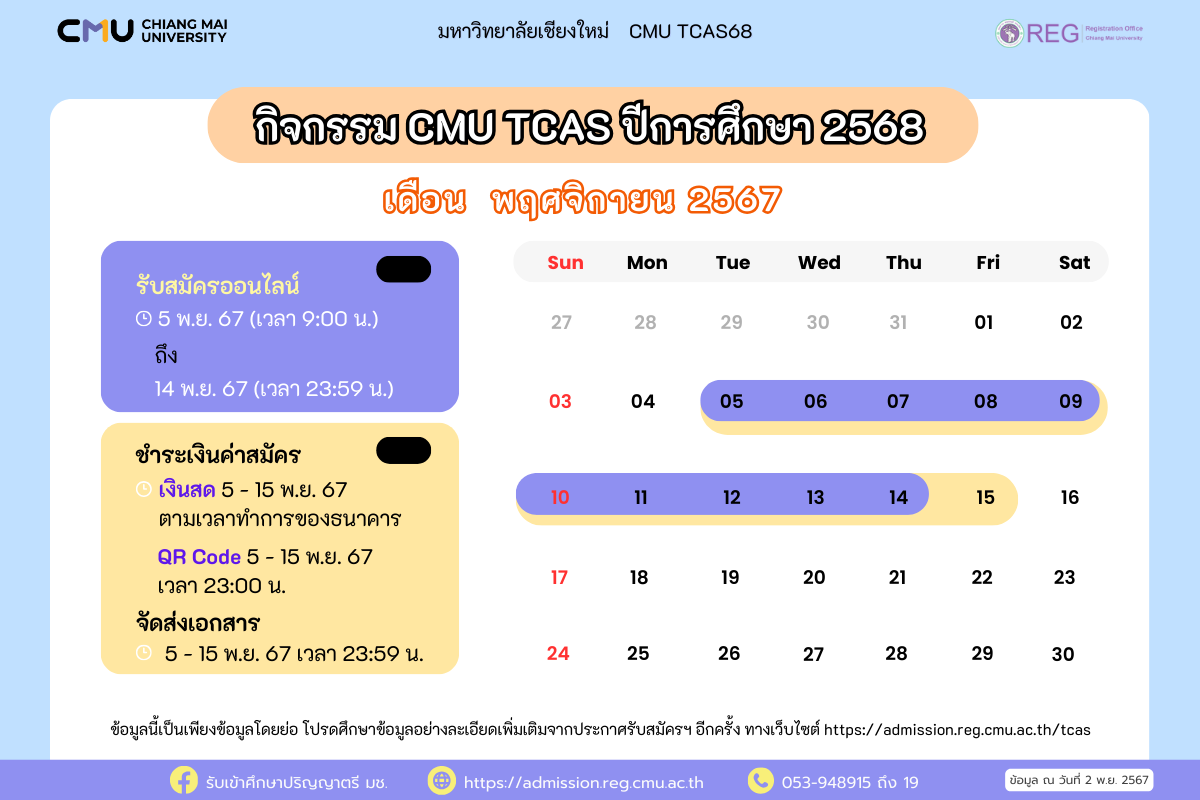 ข่าวสาร : กิจกรรมรับเข้าศึกษา มหาวิทยาลัยเชียงใหม่ ประจำเดือนพฤศจิกายน 2567 - มหาวิทยาลัยเชียงใหม่